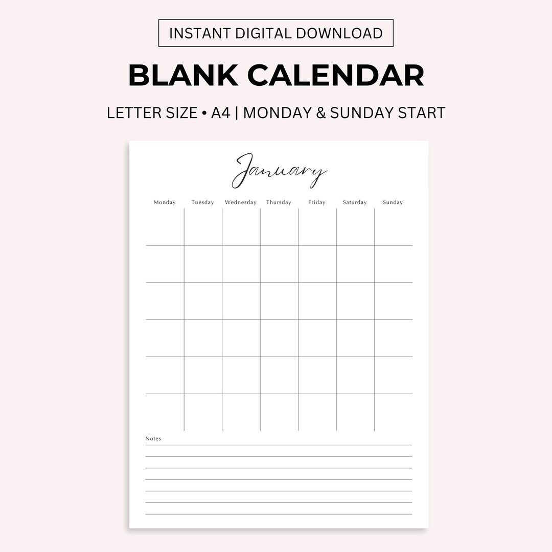 Minimalist Blank Calendar, 12 Months Calendar, Monthly Planner, Sunday ...