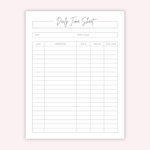 Daily Time Sheet Printable, Work Schedule, Daily Work Hours Log, Time ...
