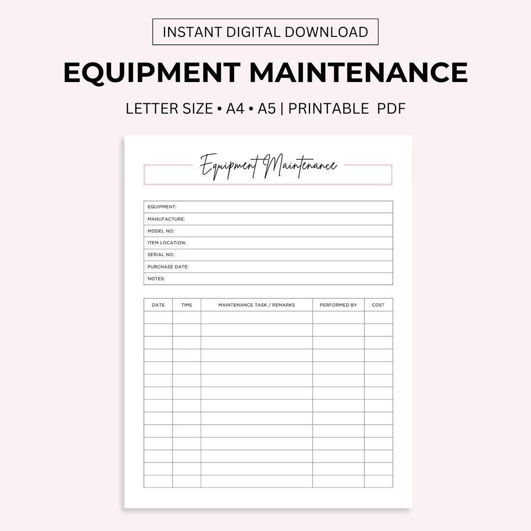 Equipment Maintenance Tracker Printable, Repair and Preventative ...