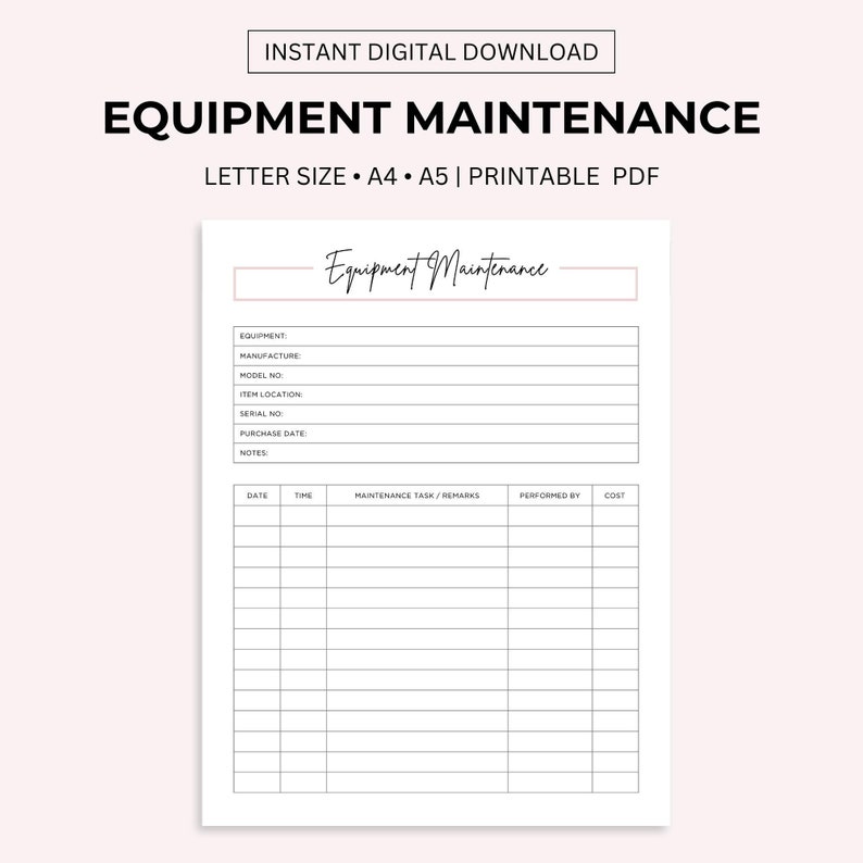 Equipment Maintenance Tracker Printable, Repair and Preventative ...
