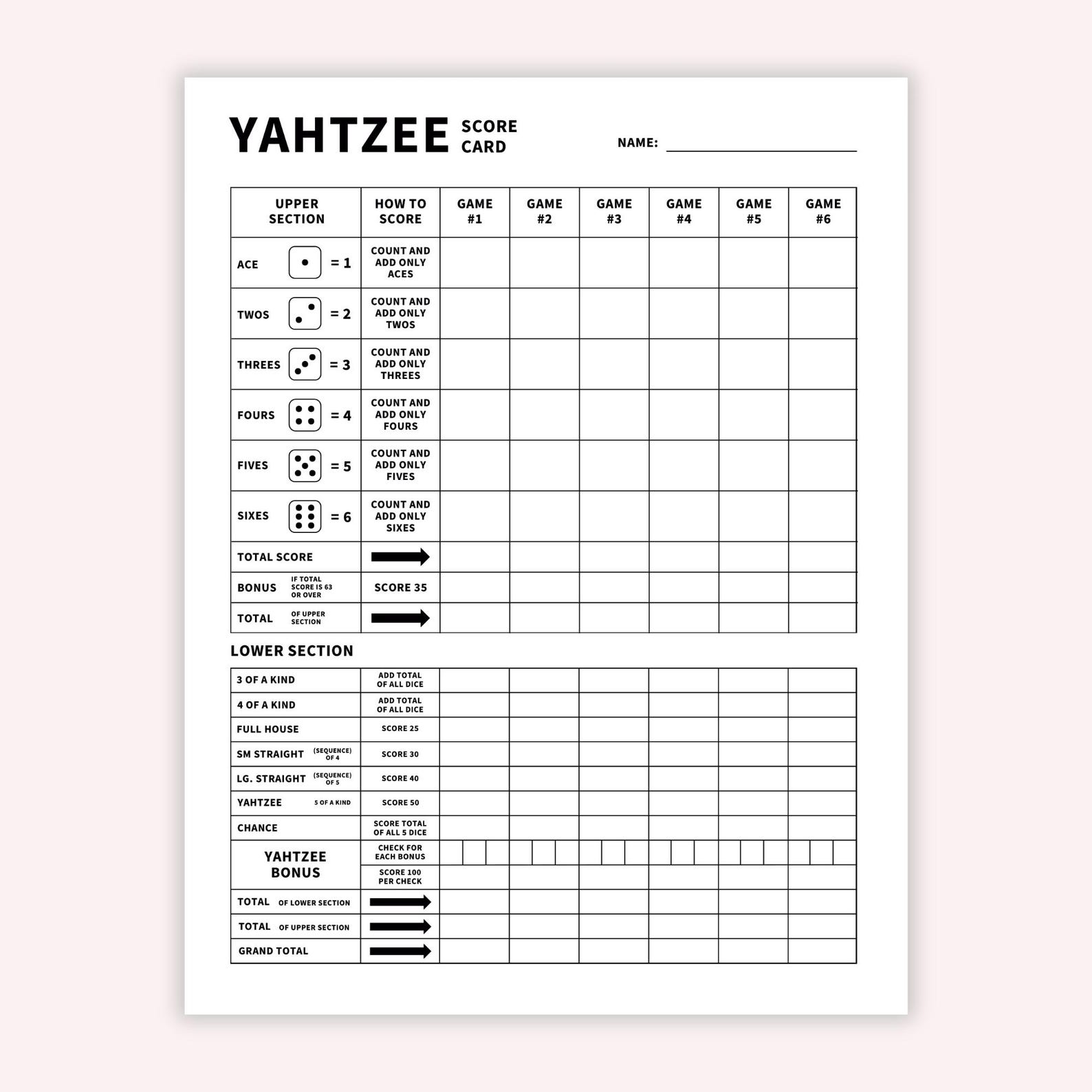 Yahtzee Score Card Printable (letter/a4/a5 PDF) - Etsy