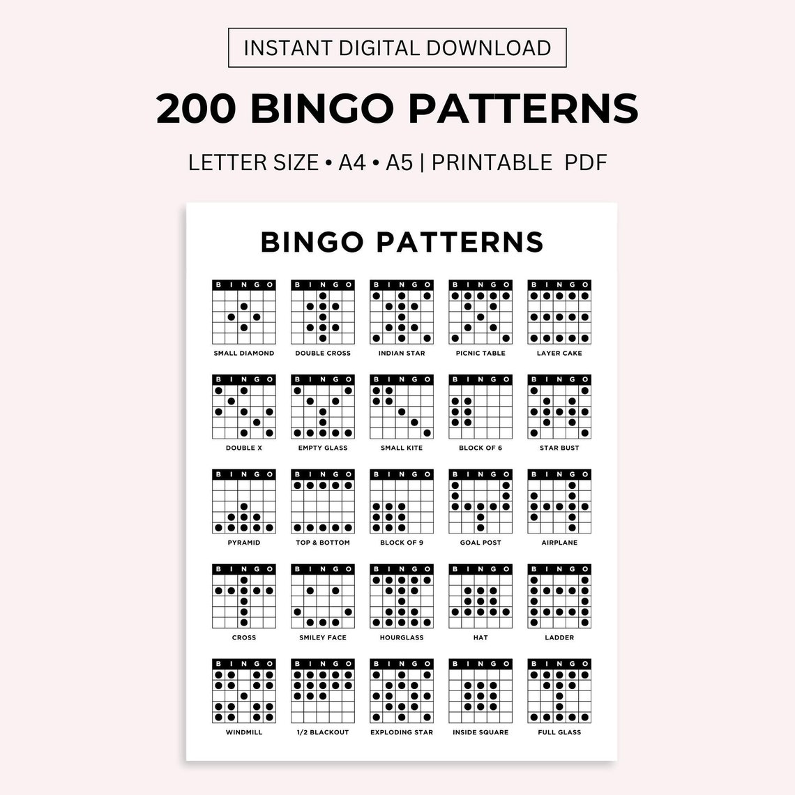 200 Bingo Patterns: Bingo Alphabet, Numbers, Shapes (printable PDF) - Etsy