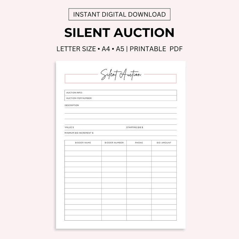 Silent Auction Bid Sheet Printable: Fundraiser Sign up (PDF) - Etsy