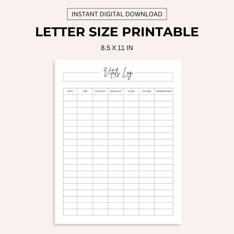 Vitals Log Printable, Blood Pressure Log, Vital Signs Template, Vitals ...