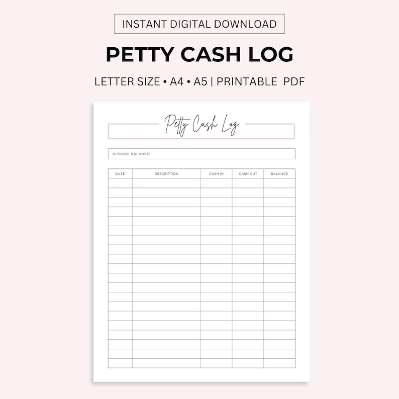Petty Cash Log Printable: Small Business Ledger (letter/a4/a5) (digital ...