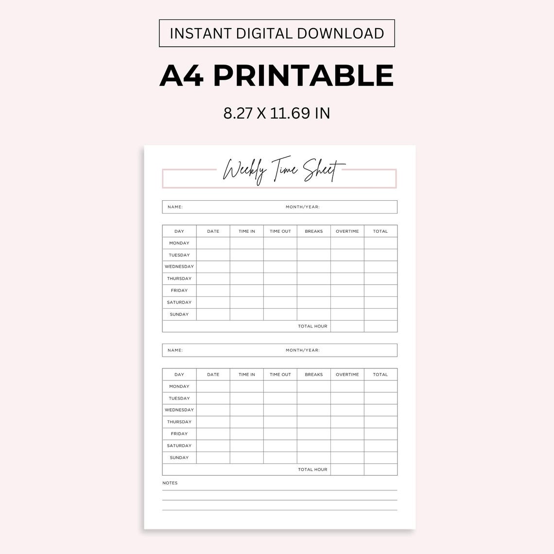 Weekly Time Sheet Printable: Work Hours Log (letter/a4/a5 PDF) - Etsy