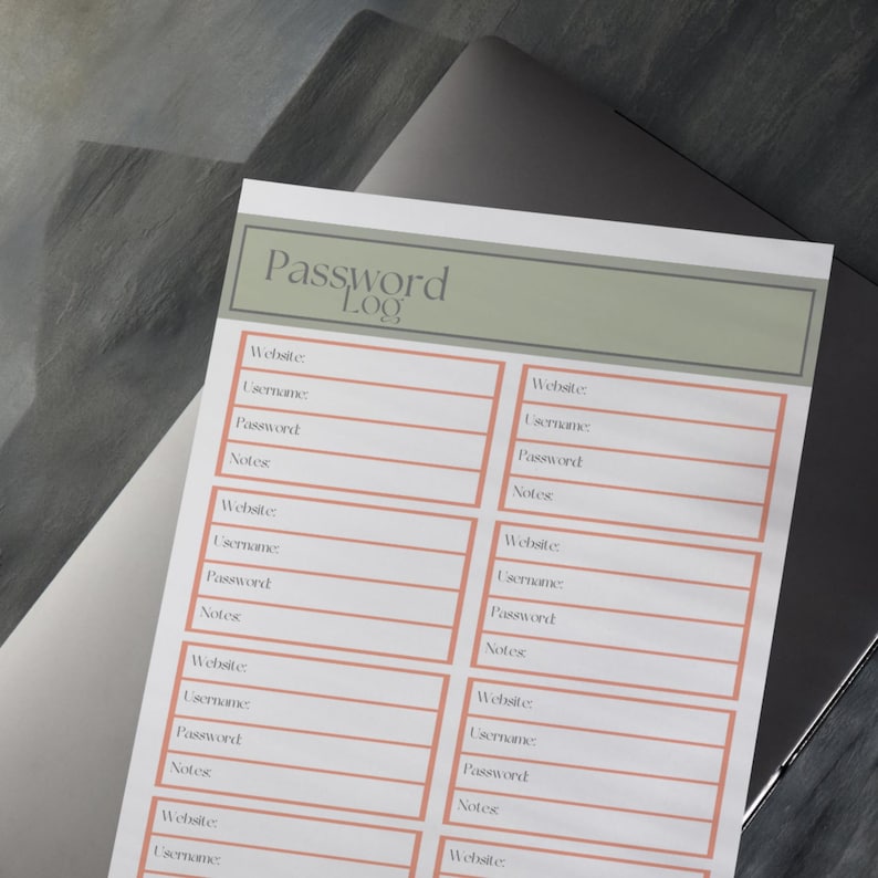 Printable Password Log | Website, Username, Password & Notes Organizer ...
