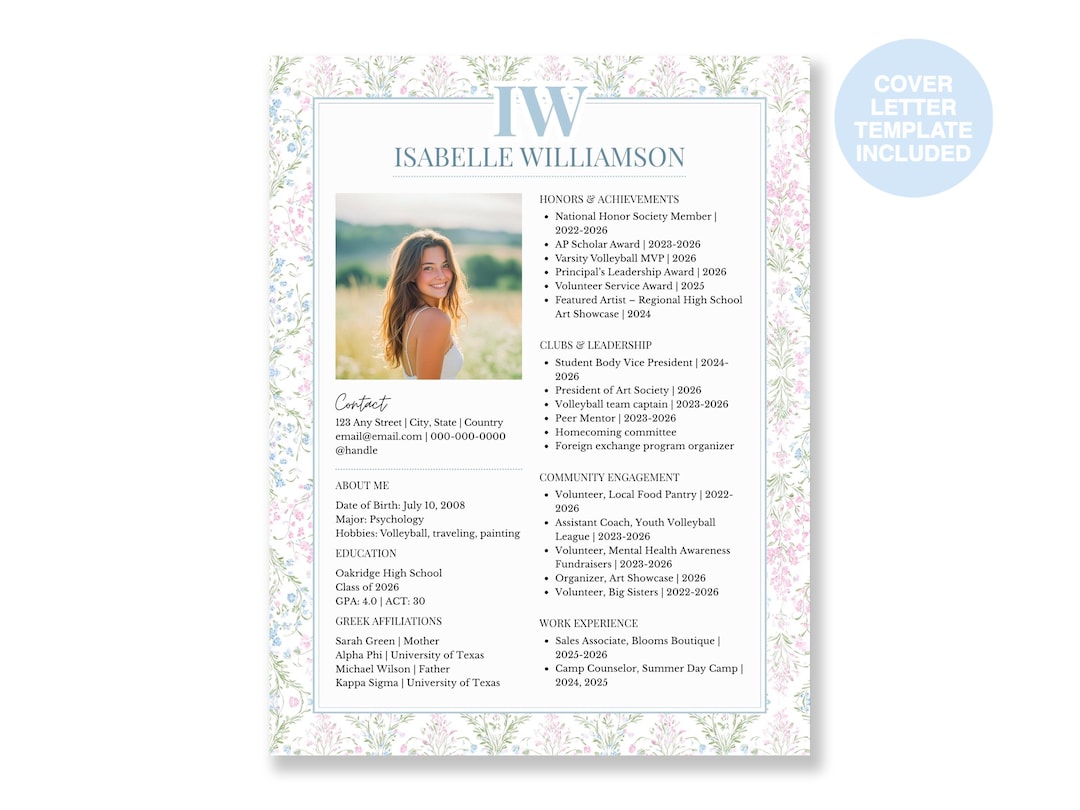 Sorority Resume Template With Photo | Sorority Resume and Cover Letter ...