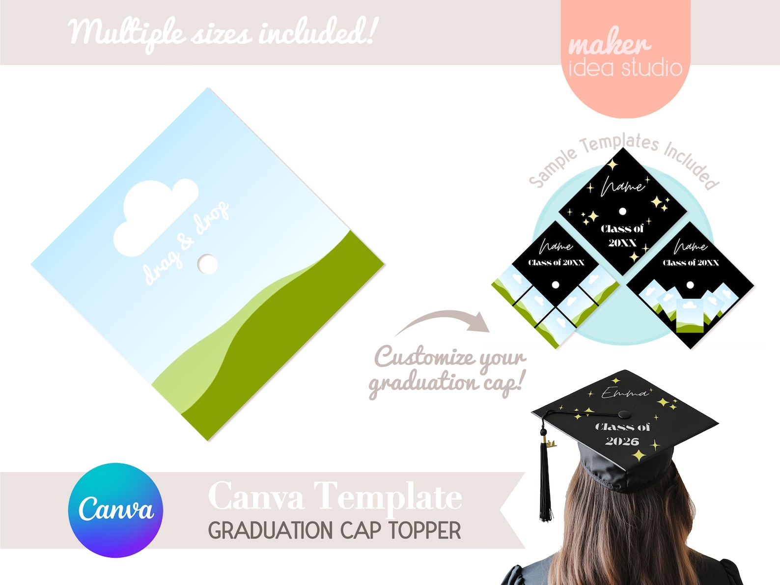 Graduation Cap Topper Template, Canva Drag and Drop, Blank Graduation ...