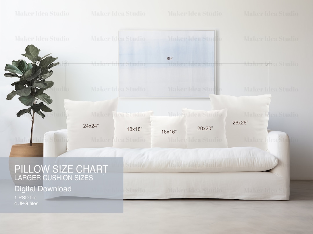 Pillow Mockup Size Chart, Square Cushion Mockup, Generic Brand Pillow ...