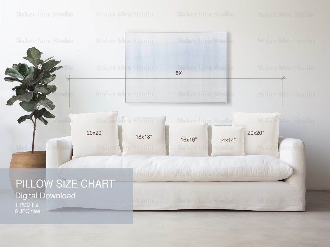 Pillow Mockup Size Chart, Square Cushion Mockup, Generic Brand Pillow ...