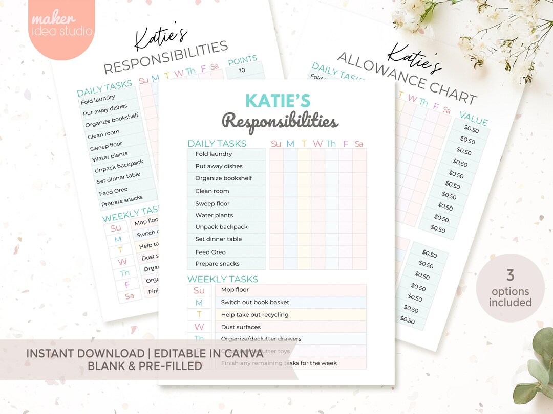 Responsibility Chore Chart for Kids, Editable Kids Chore List, Daily ...