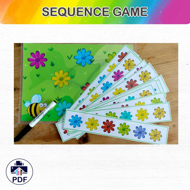 Sequence Game With Flowers and Bees | Printable Educational Activity ...