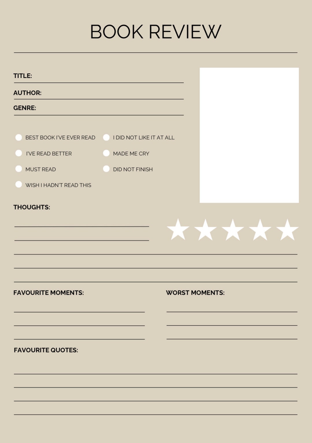 Book Review Template, Reading Tracker for Reading Journal - Etsy