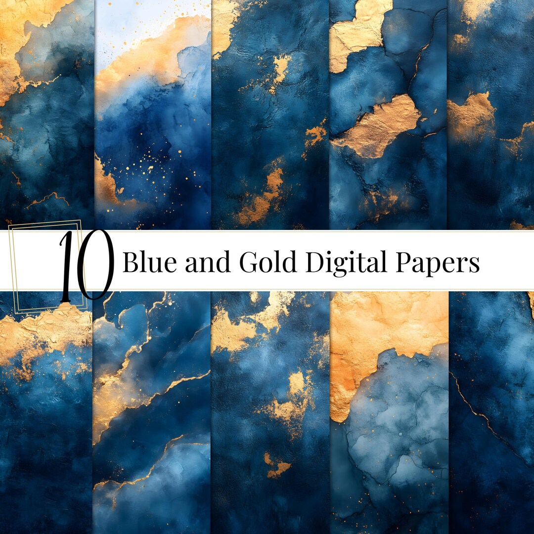 Blue Gold Marble Background Paper, Digital Paper Backgrounds, Marble ...