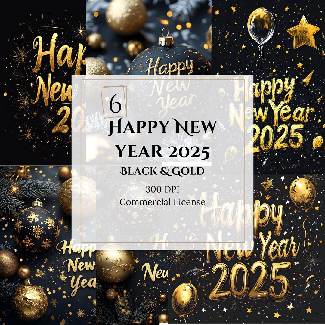 Happy New Year Clipart Black and Gold 2025, Happy New Year 2025 Black ...