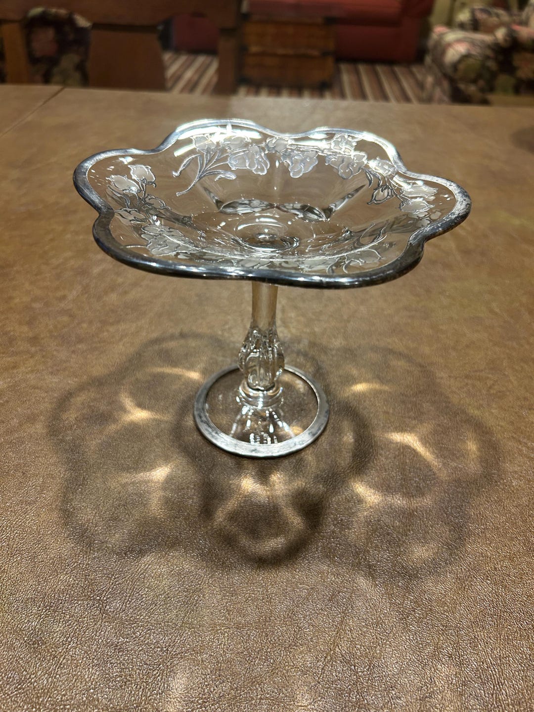 Duncan & Miller Glass Compote Silver Overlay "tiger Lily" Scalloped Rim ...