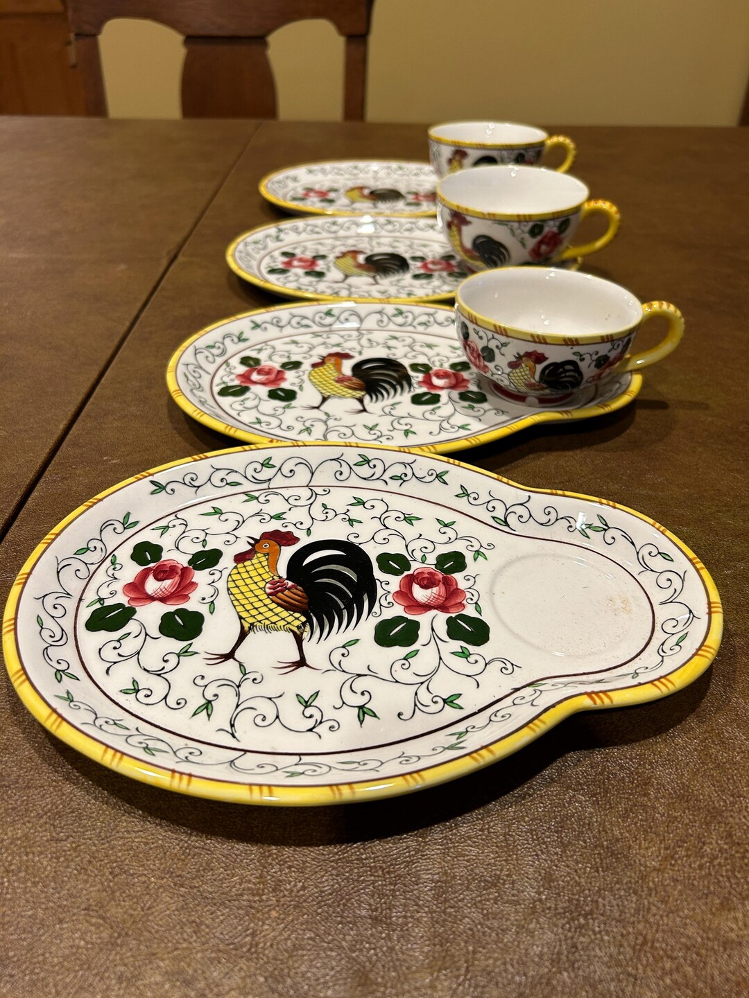 Four (4) PY Ucagco Rose & Rooster Early Provincial Snack Plates W ...