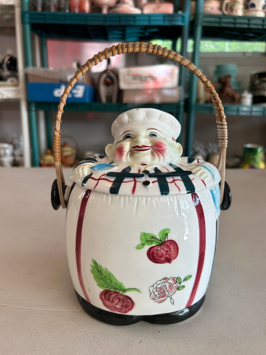 Vintage Jolly Chef Cookie Jar, Wicker Handle Biscuit Jar, Made in Japan ...