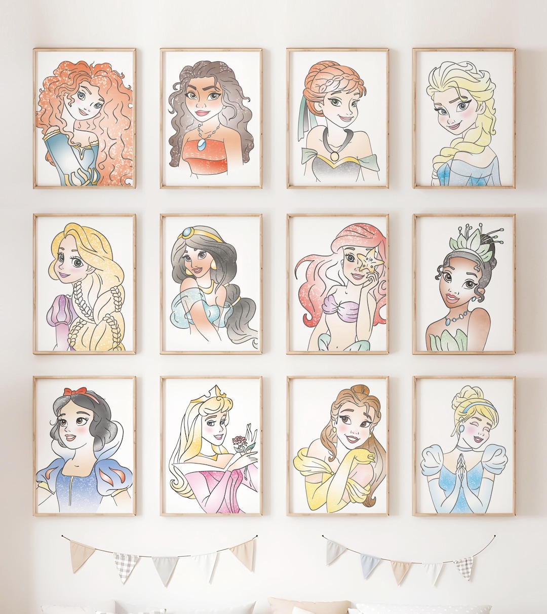 Princess Art Print, Instant Download, Set of 12, Hand Drawn, Princess ...