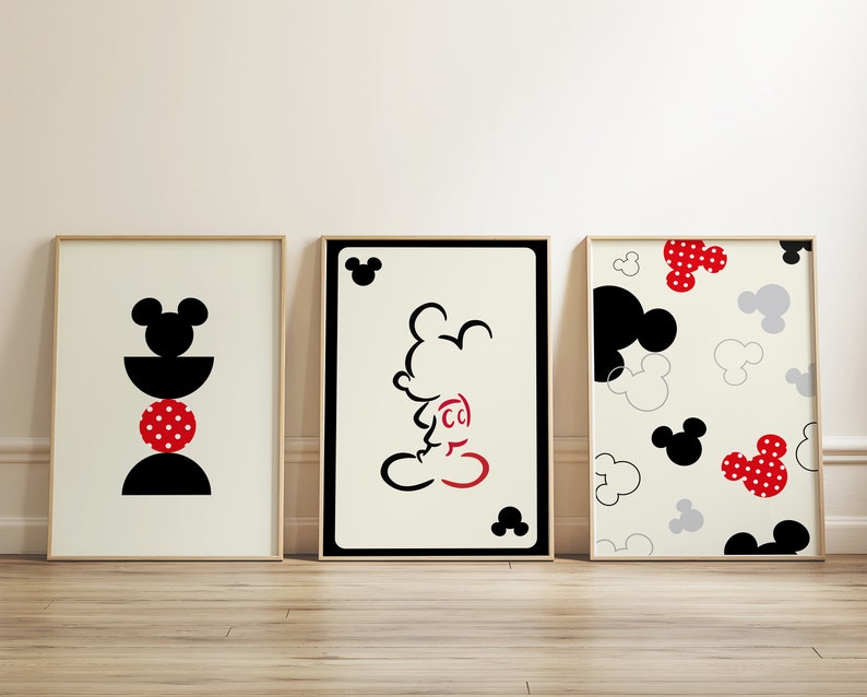 Mickey Mouse Wall Art, Mickey Mouse Art Print Set of 3, Mickey Mouse ...