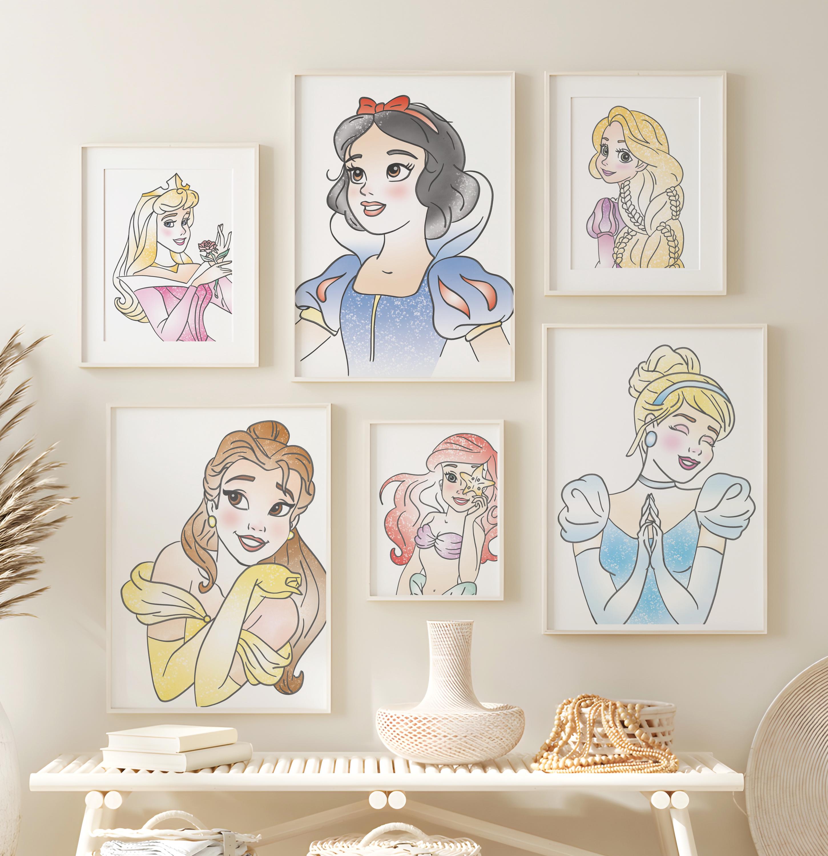 Watercolor Princess Set of 12, Princess Wall Art, Hand Drawn Princess ...