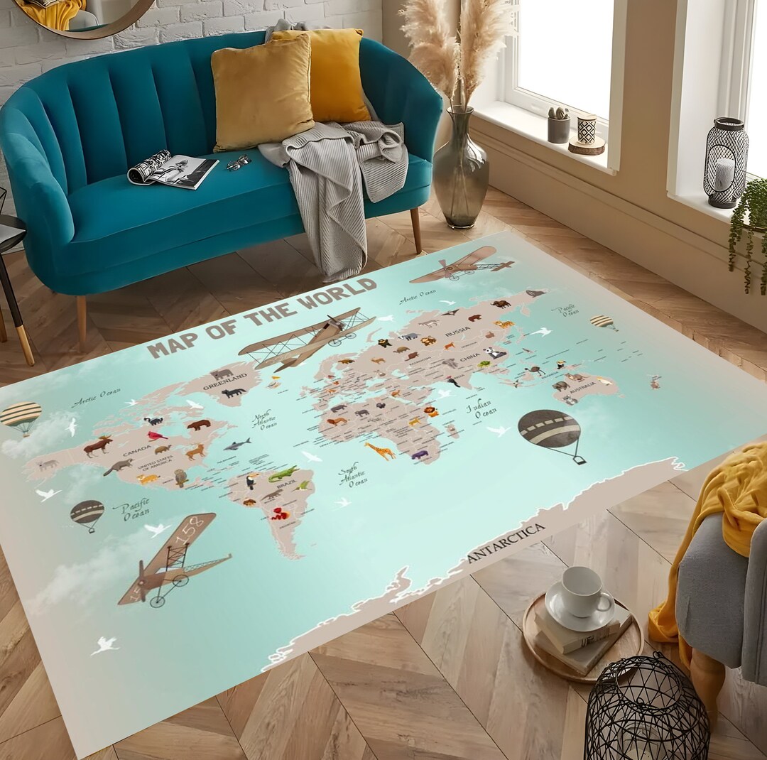 Map of the World, Map Themed Rug, Continental Themed Rug, Animal Themed ...