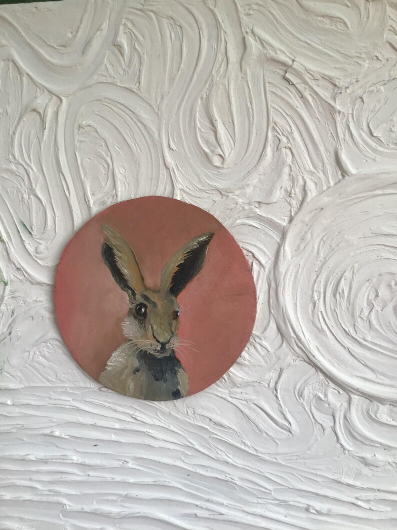 Cute Rabbit, Original Oil Framed Round Small Framed Art, Beige Rabbit ...