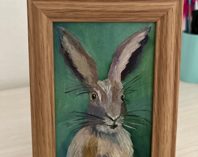Cute Rabbit, Original Oil Framed 3,5x5, Small Framed Art, Beige Rabbit ...