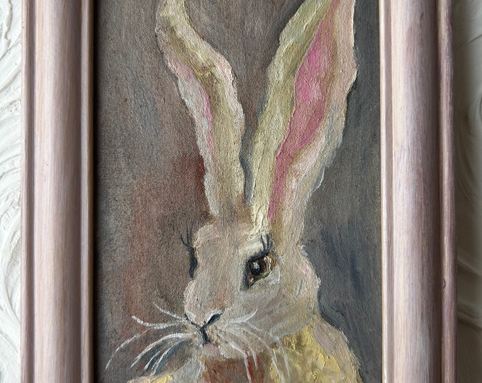 Cute Rabbit, Original Oil Framed 3,5x5, Small Framed Art, Beige Rabbit ...