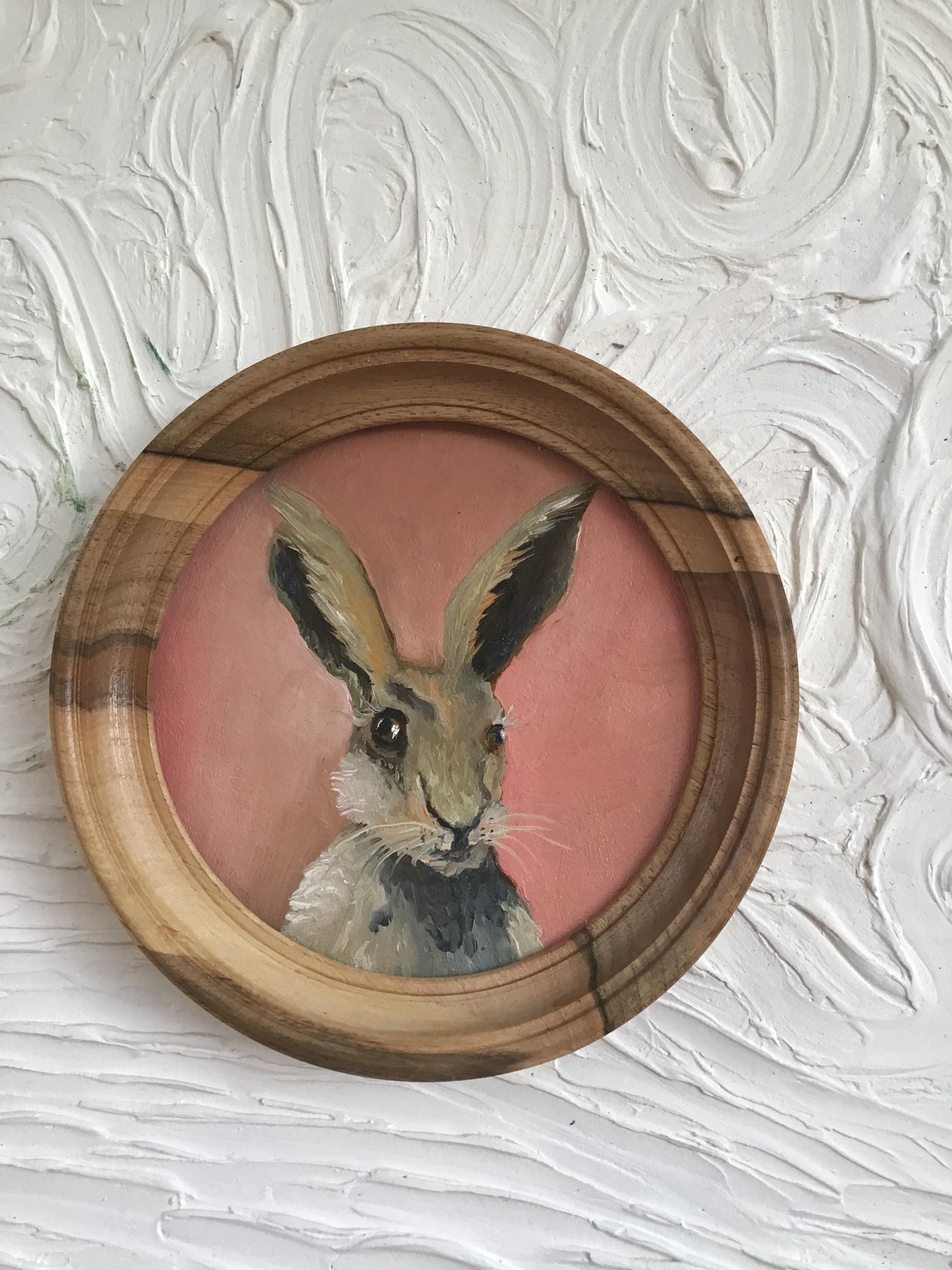 Cute Rabbit, Original Oil Framed Round Small Framed Art, Beige Rabbit ...