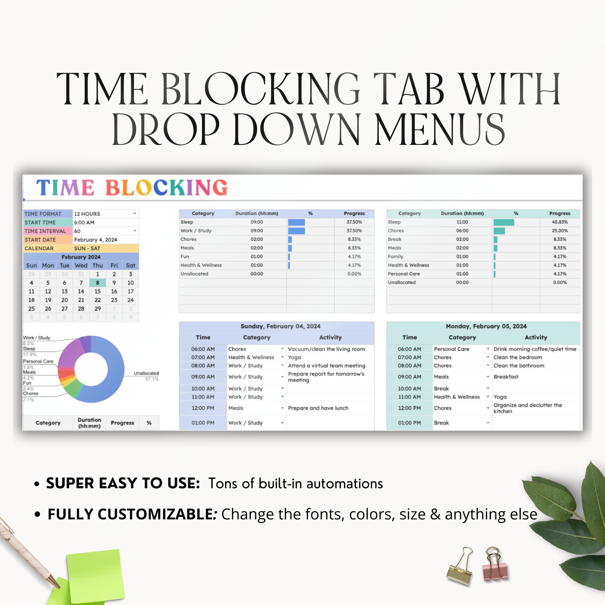 Time Blocking Google Sheets, Daily Schedule, Digital Planner, Time Block, Annual Calendar ...