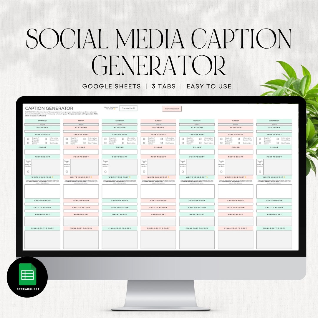 Social Media Caption Generator: Google Sheets Planner (digital Download ...
