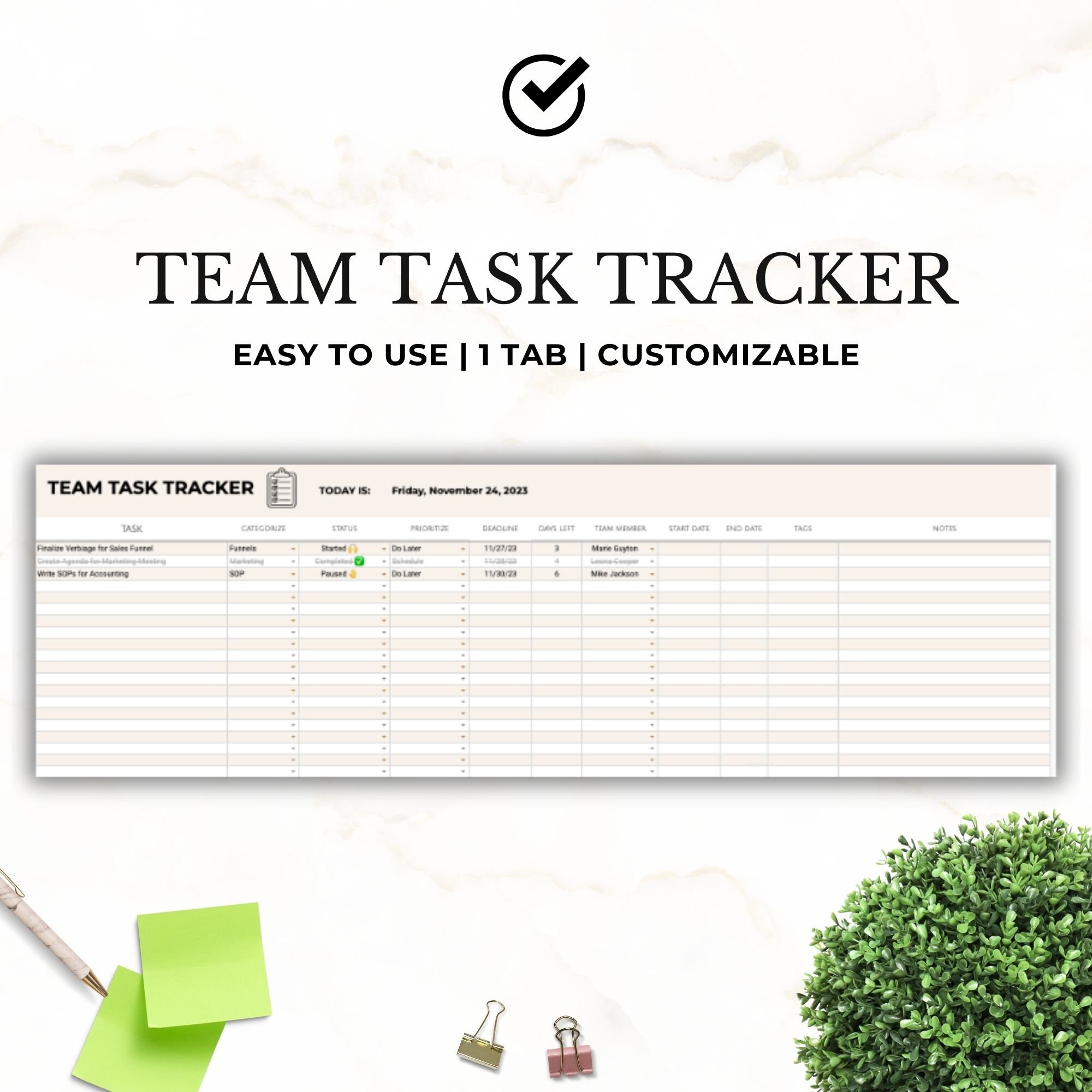 Team Task Manager Google Sheet Template, Task Track, Digital to Do List ...