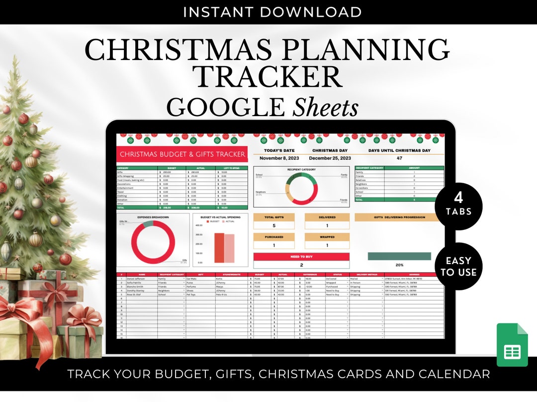 Christmas Planner Spreadsheet, Gifts Tracker Google Sheets, Gift Budget ...