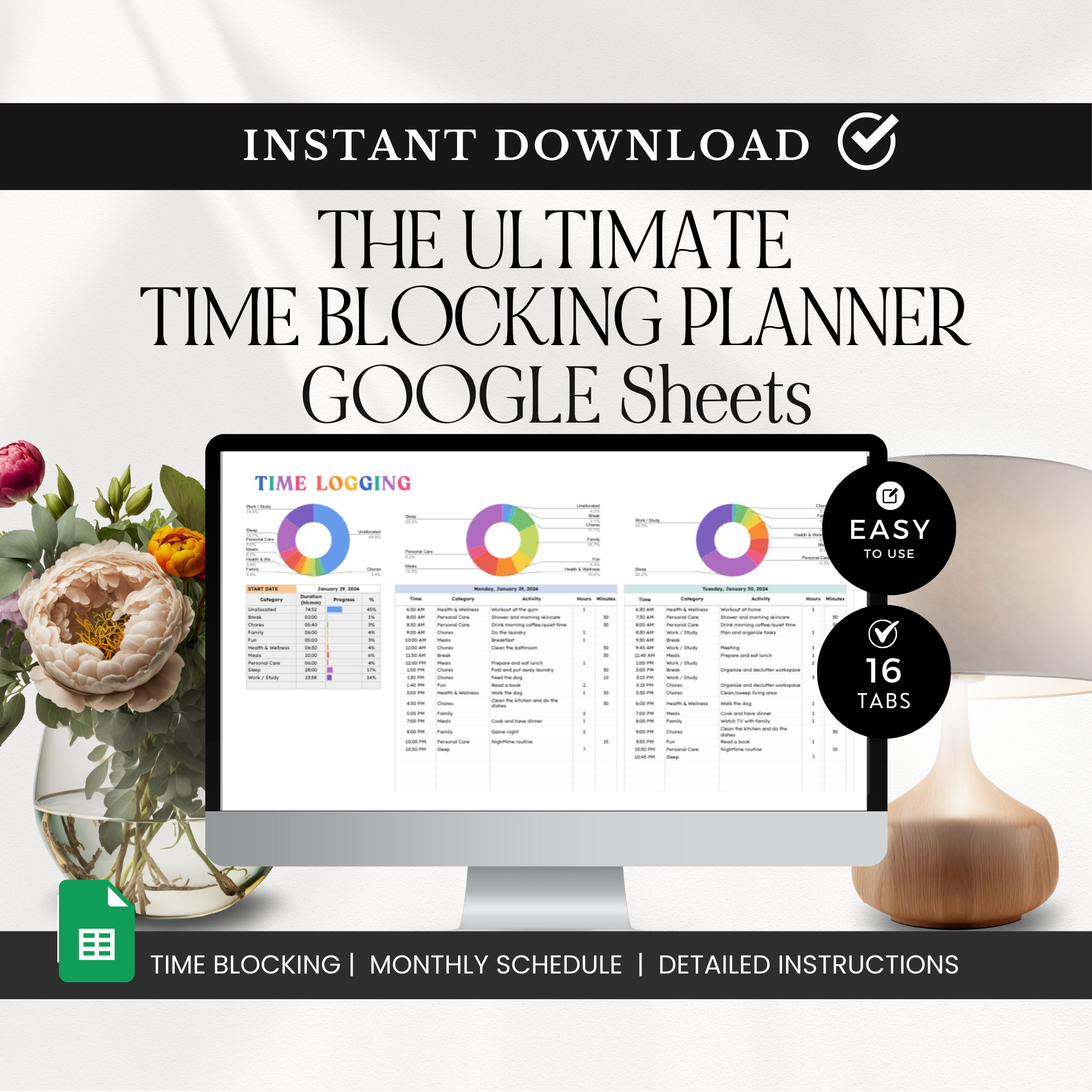 Time Blocking Google Sheets, Daily Schedule, Digital Planner, Time ...