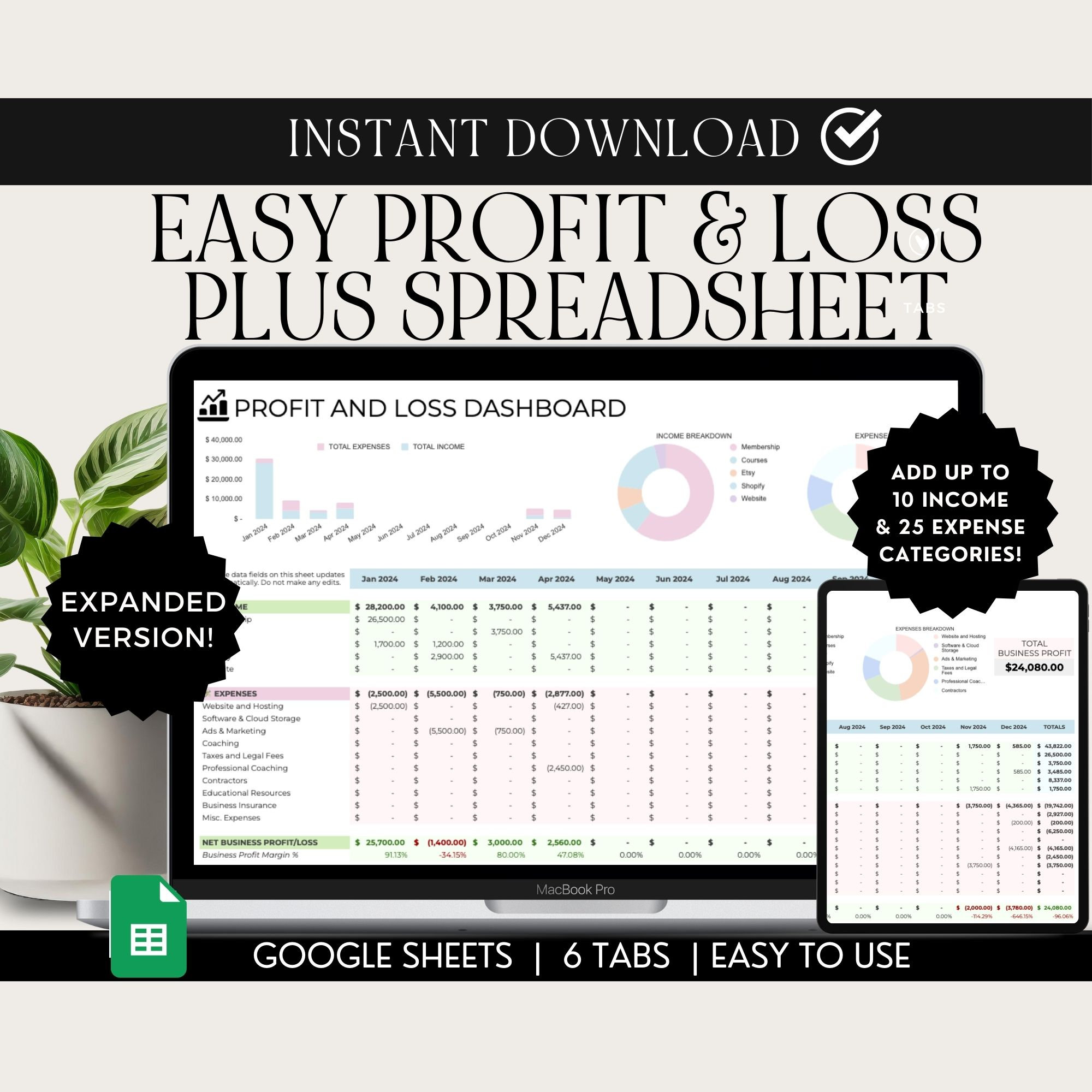 Profit and Loss Template Google Sheets, Easy Small Business Bookkeeping ...
