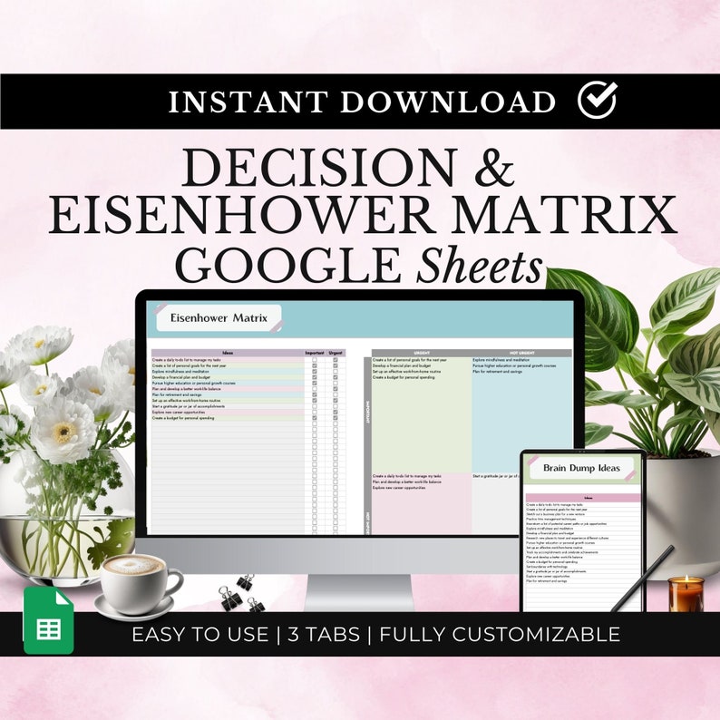 Brain Dump Spreadsheet, to Do List, Eisenhower Matrix Template, Digital ...