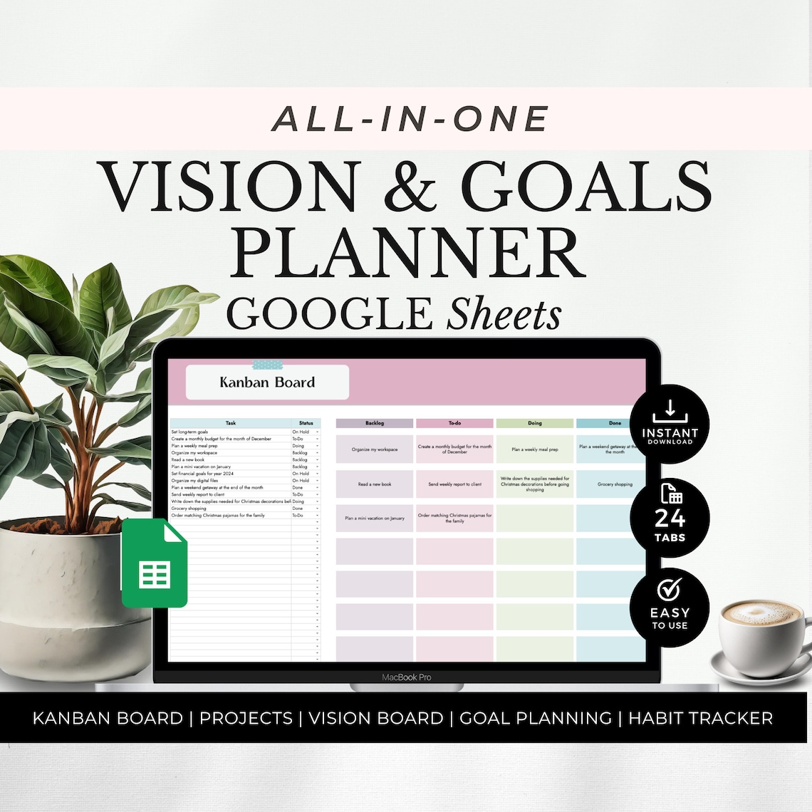 Vision & Goals Planner: Kanban Board, Project Tracker (google Sheets ...