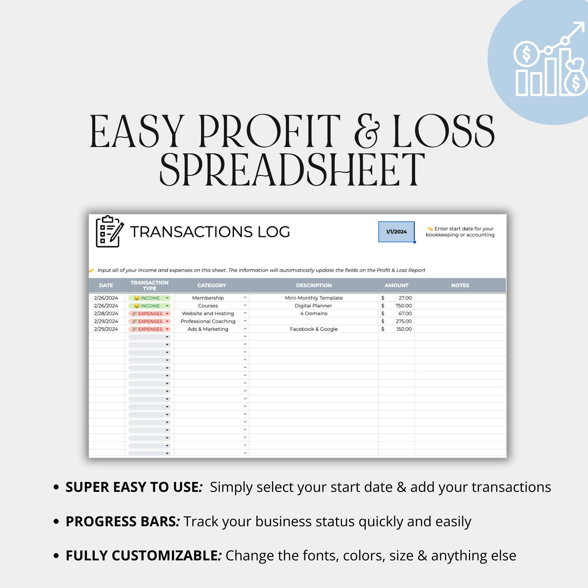 Profit and Loss Googlesheet Template, Simple Bookkeeping for Small ...