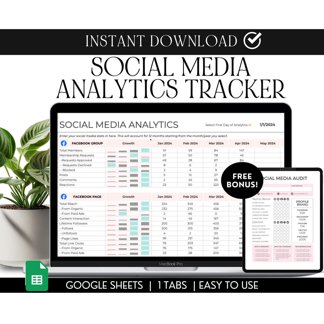 Social Media Analytics Tracker, Google Sheets 12 Month Post Performance ...