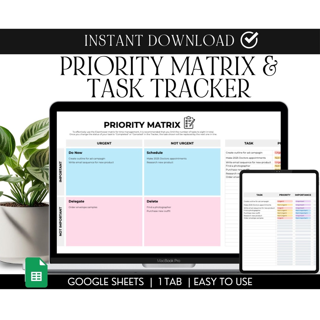 Priority Matrix Task Tracker: Google Sheets Eisenhower Matrix (digital ...