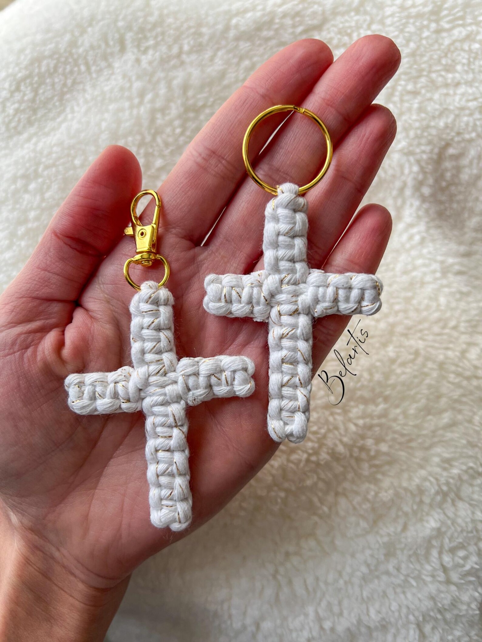 Golden White Macrame Cross Keychain - Handmade Christian Gift for ...