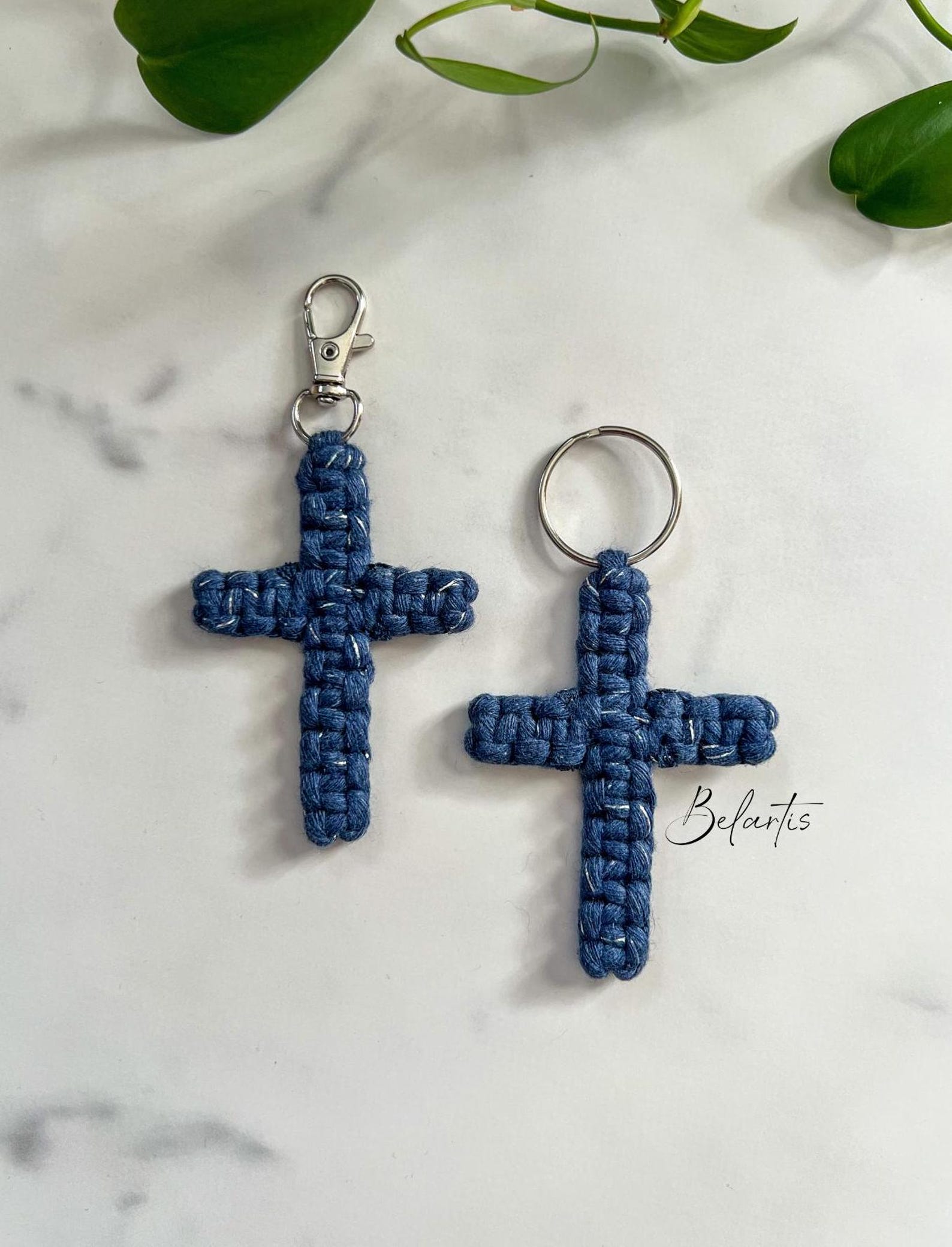 Silvery Blue Macrame Cross Keychain – Handmade Religious Gift for Faith ...