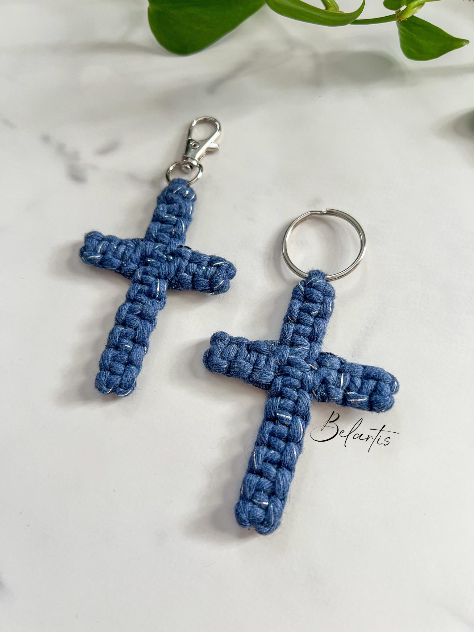 Silvery Blue Macrame Cross Keychain – Handmade Religious Gift for Faith ...
