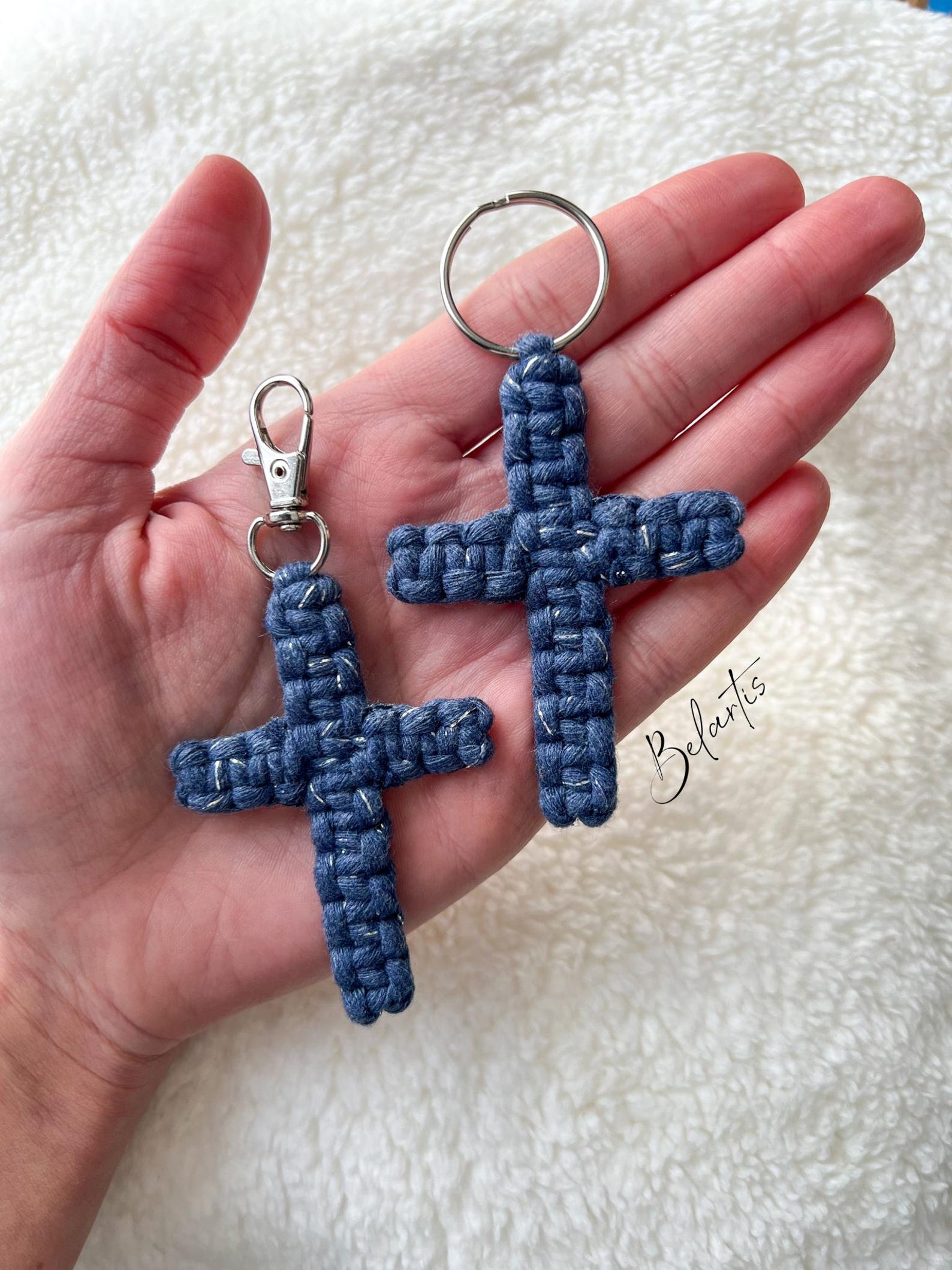 Silvery Blue Macrame Cross Keychain – Handmade Religious Gift for Faith ...