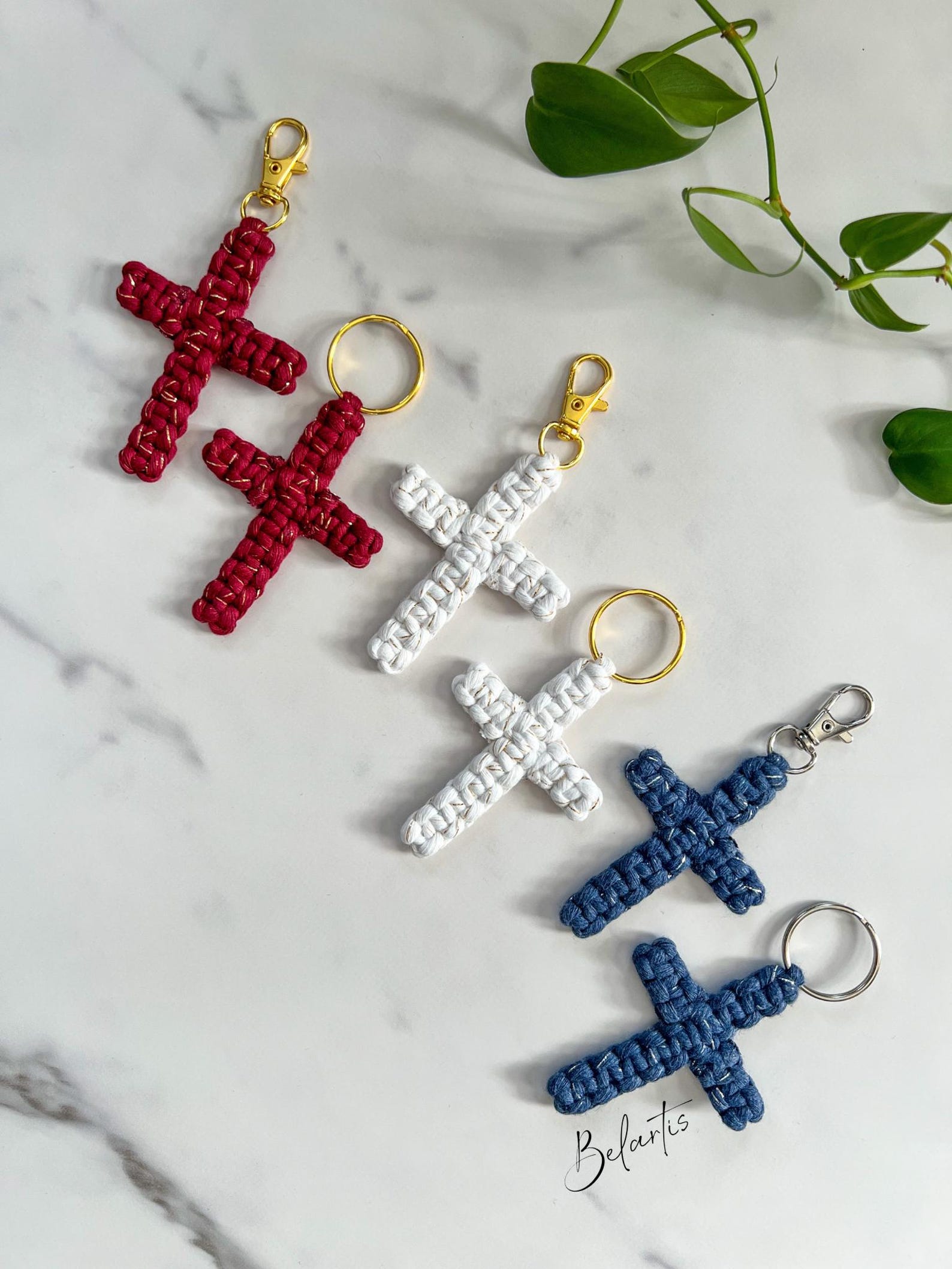 Silvery Blue Macrame Cross Keychain – Handmade Religious Gift for Faith ...