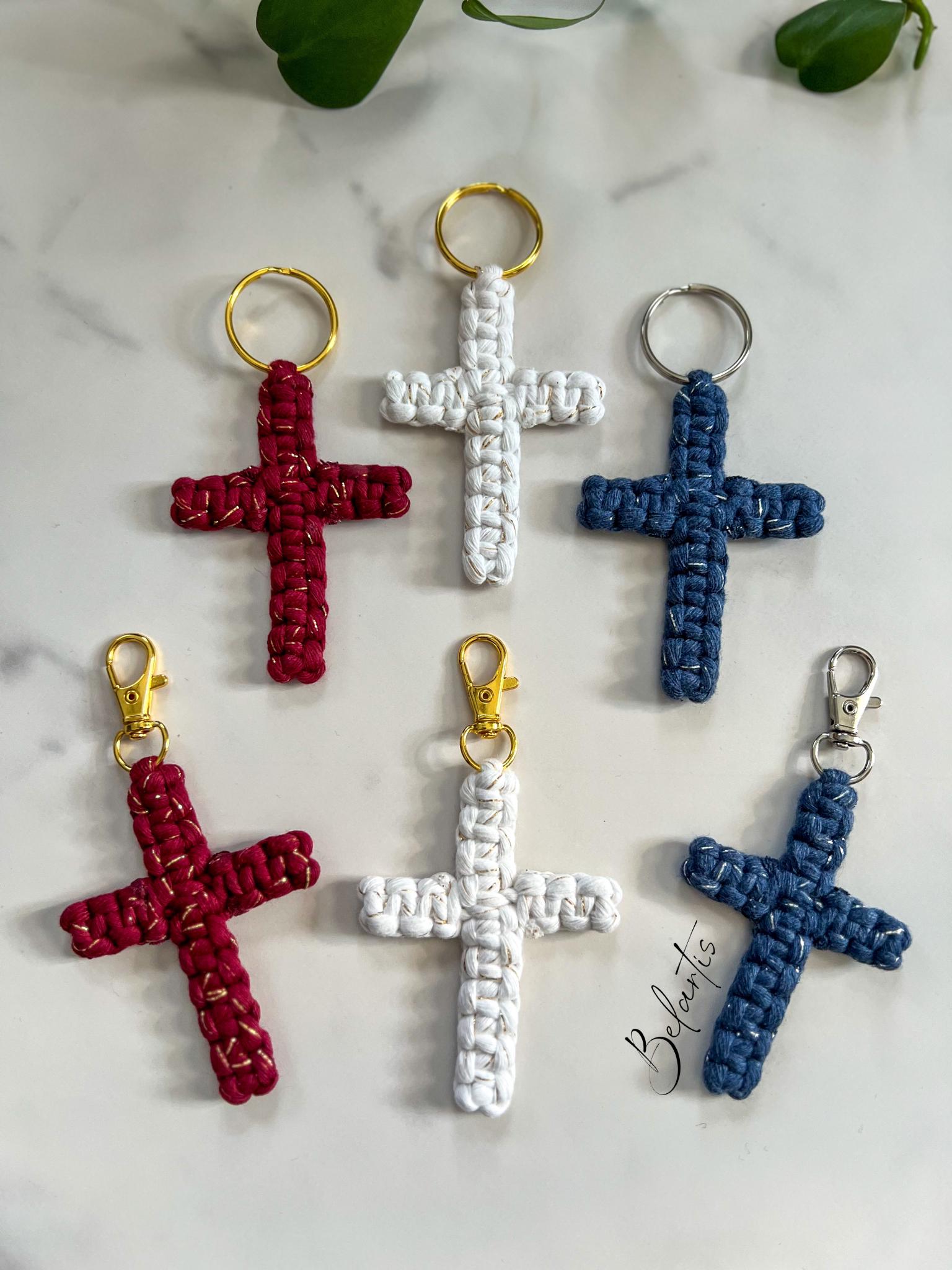 Golden White Macrame Cross Keychain - Handmade Christian Gift for ...