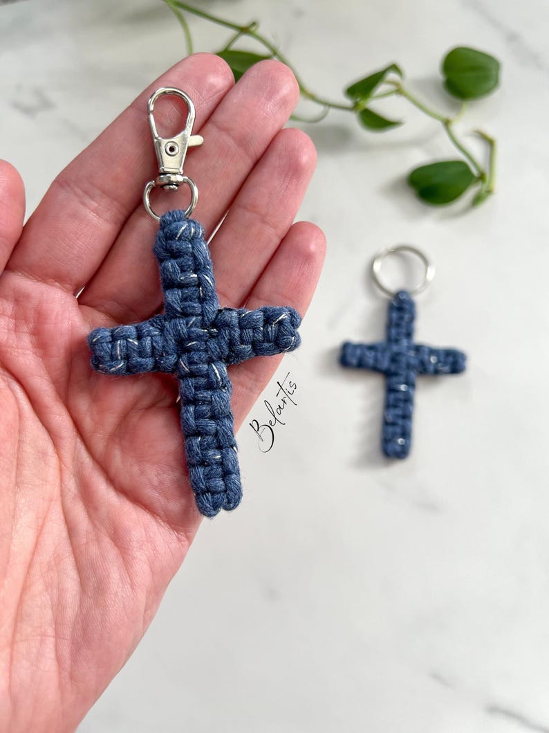 Silvery Blue Macrame Cross Keychain – Handmade Religious Gift for Faith ...