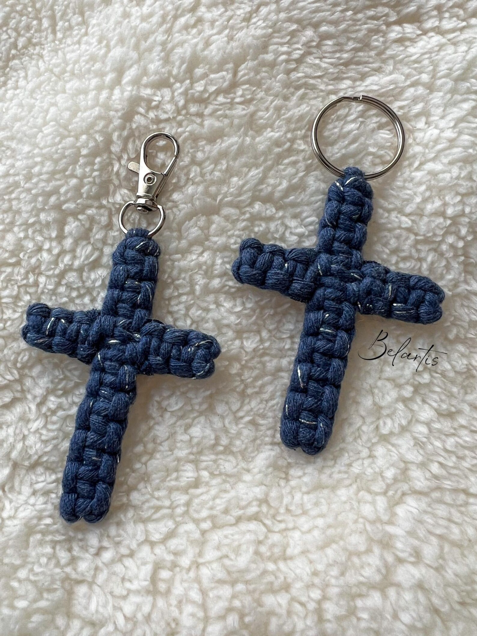 Silvery Blue Macrame Cross Keychain – Handmade Religious Gift for Faith ...